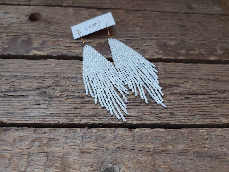 White Beaded Earrings Beads Fringe Earrings Solid White - Etsy