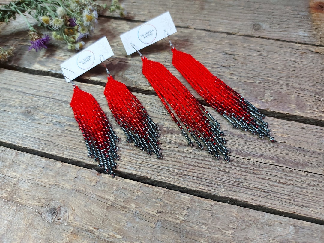 Red Beaded Earrings,long Fringe Earrings,bead Fringe Earrings,red Seed ...