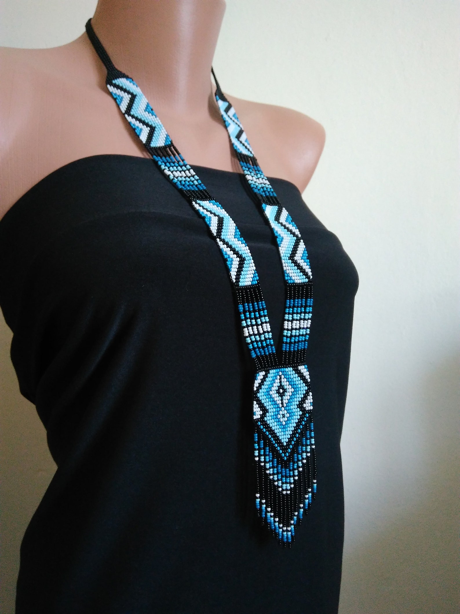 Long Beaded Necklace, Blue/ Green/ Gray/ Red, Boho Bead Loom Necklace ...