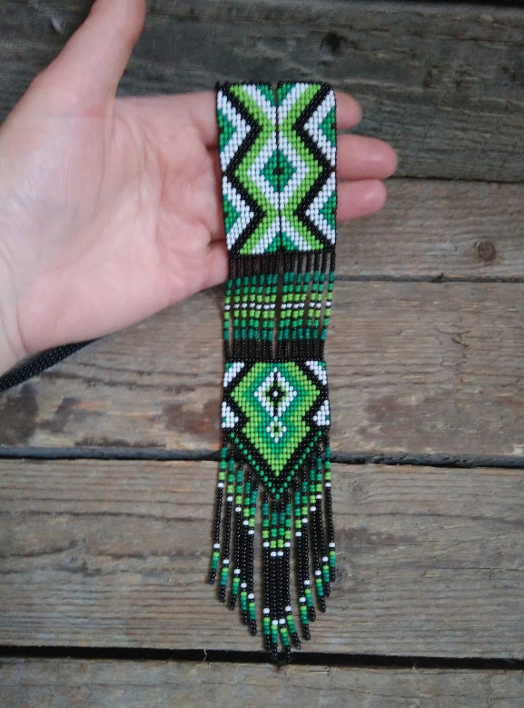 Long Beaded Necklace, Blue/ Green/ Gray/ Red, Boho Bead Loom Necklace ...