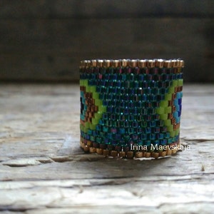 Peacock Feather Ring,wide Beaded Ring,seed Bead Ring Band,statement ...