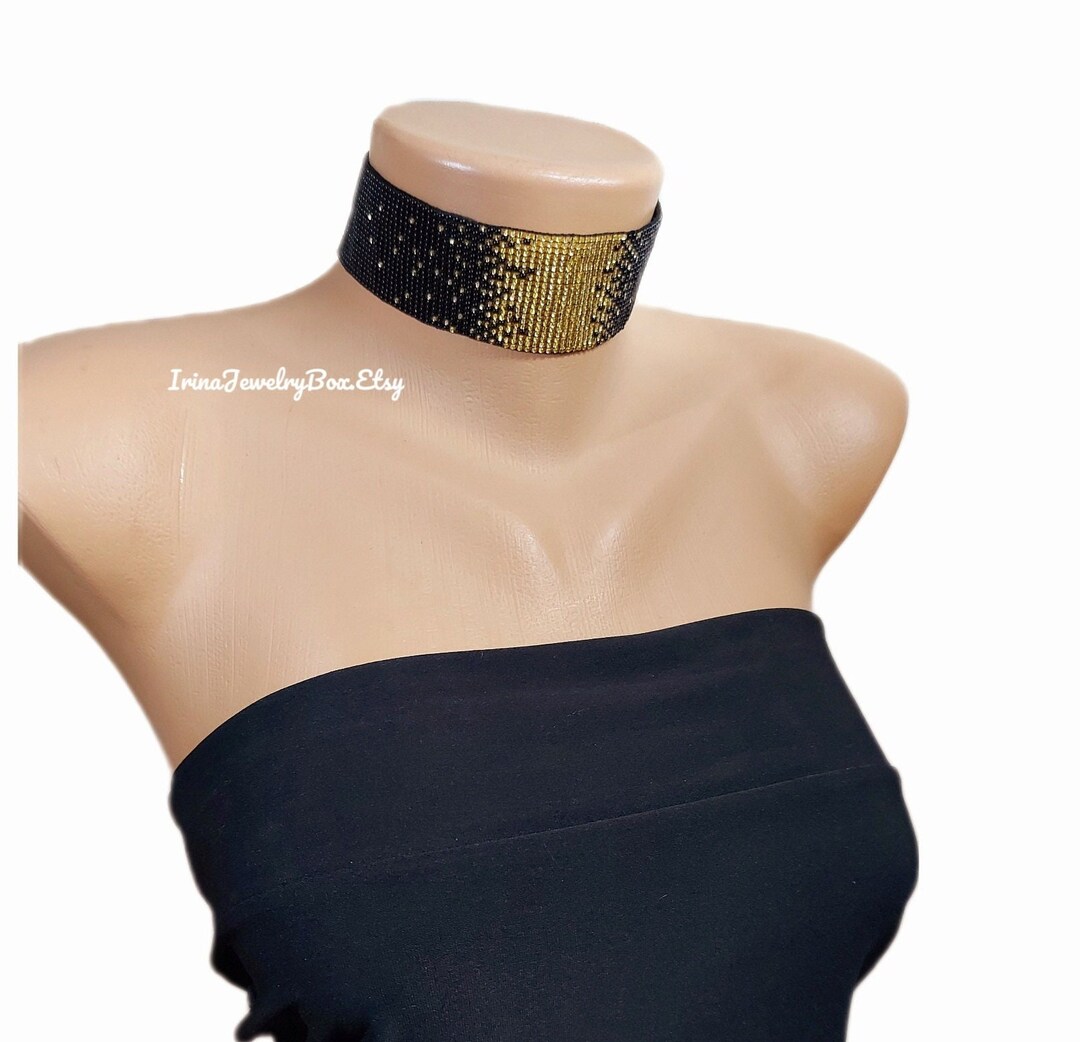 Sparkle Gold - Black Beaded Choker, Wide Choker Necklace, Bead Loom ...