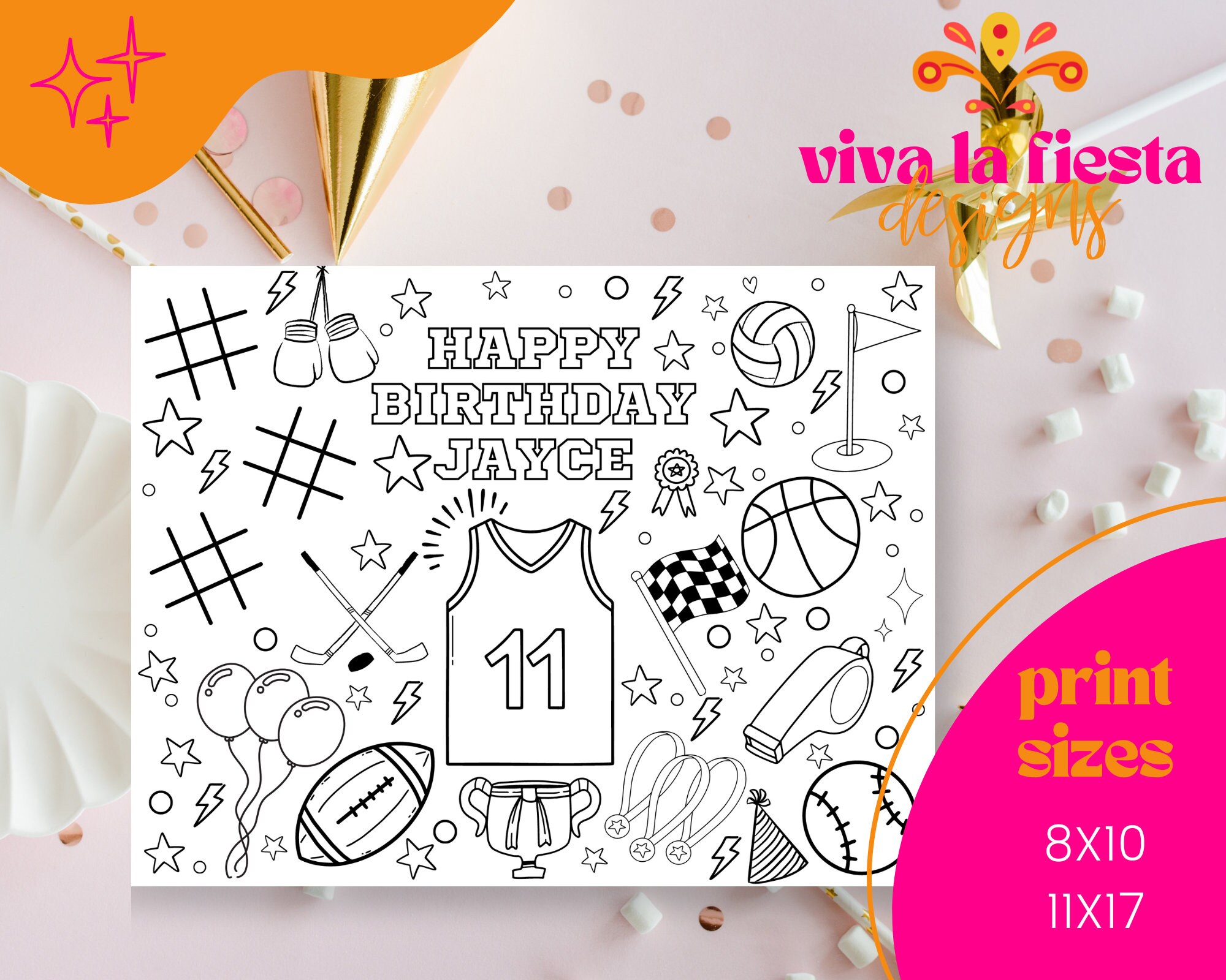 Sports Birthday Coloring Page Place Mat, PRINTABLE Custom Personalized ...