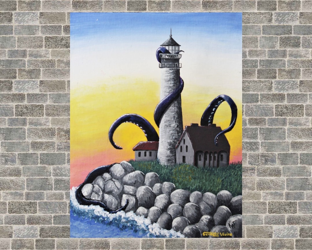Lighthouse and Kraken 8x10 Print of Altered Thrift Store Painting - Etsy