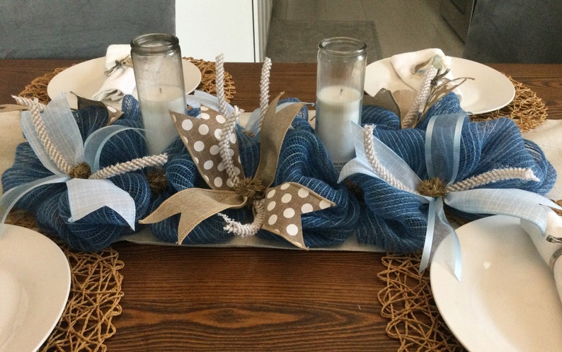 Blue Burlap Table Centerpiece Coastal Centerpiece Farmhouse | Etsy