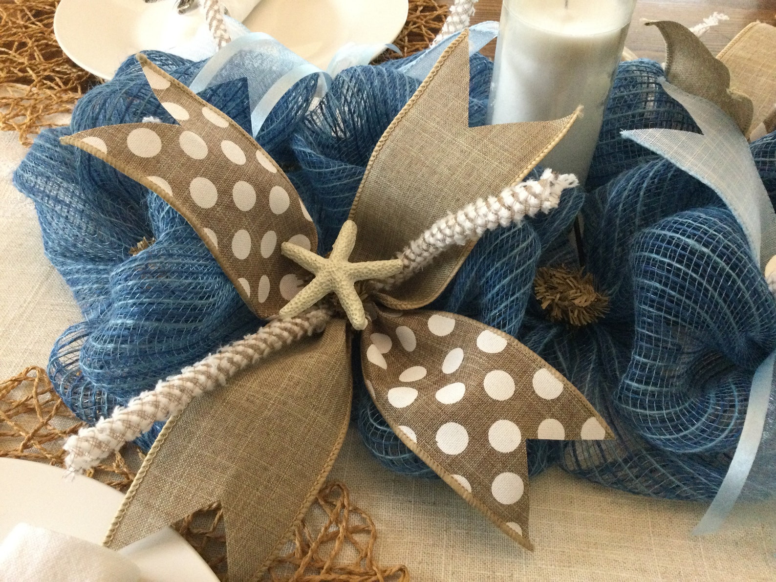 Blue Burlap Table Centerpiece Coastal Centerpiece Farmhouse - Etsy