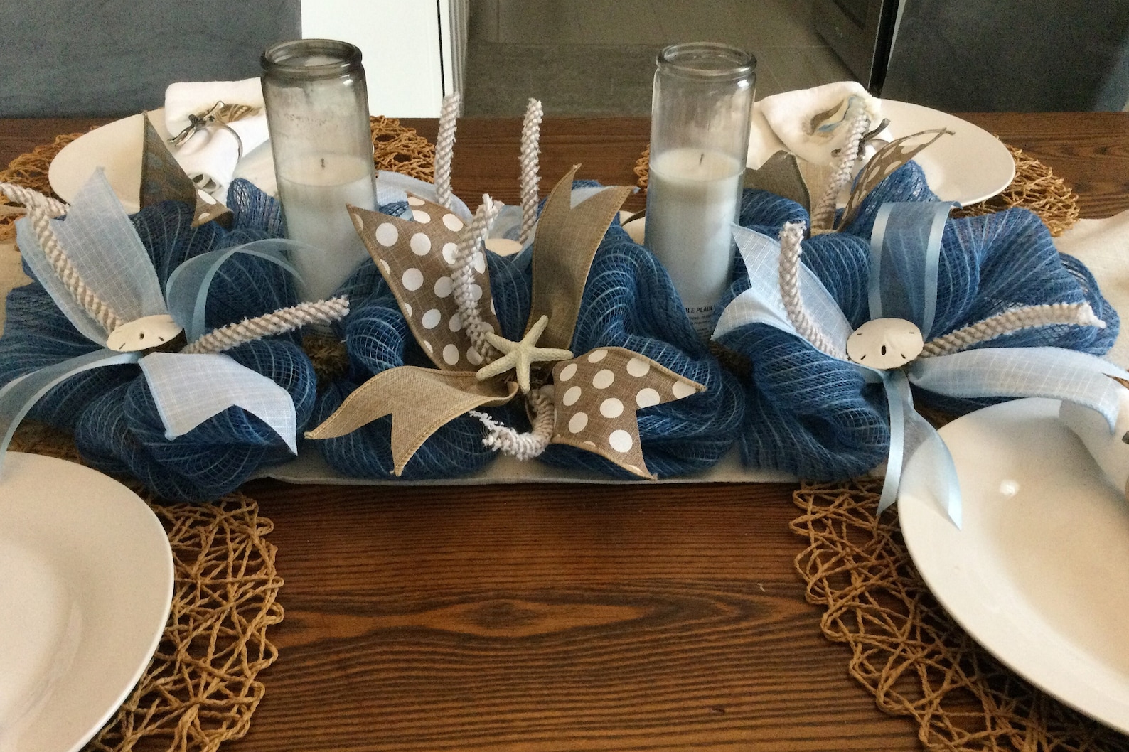 Blue Burlap Table Centerpiece Coastal Centerpiece Farmhouse - Etsy