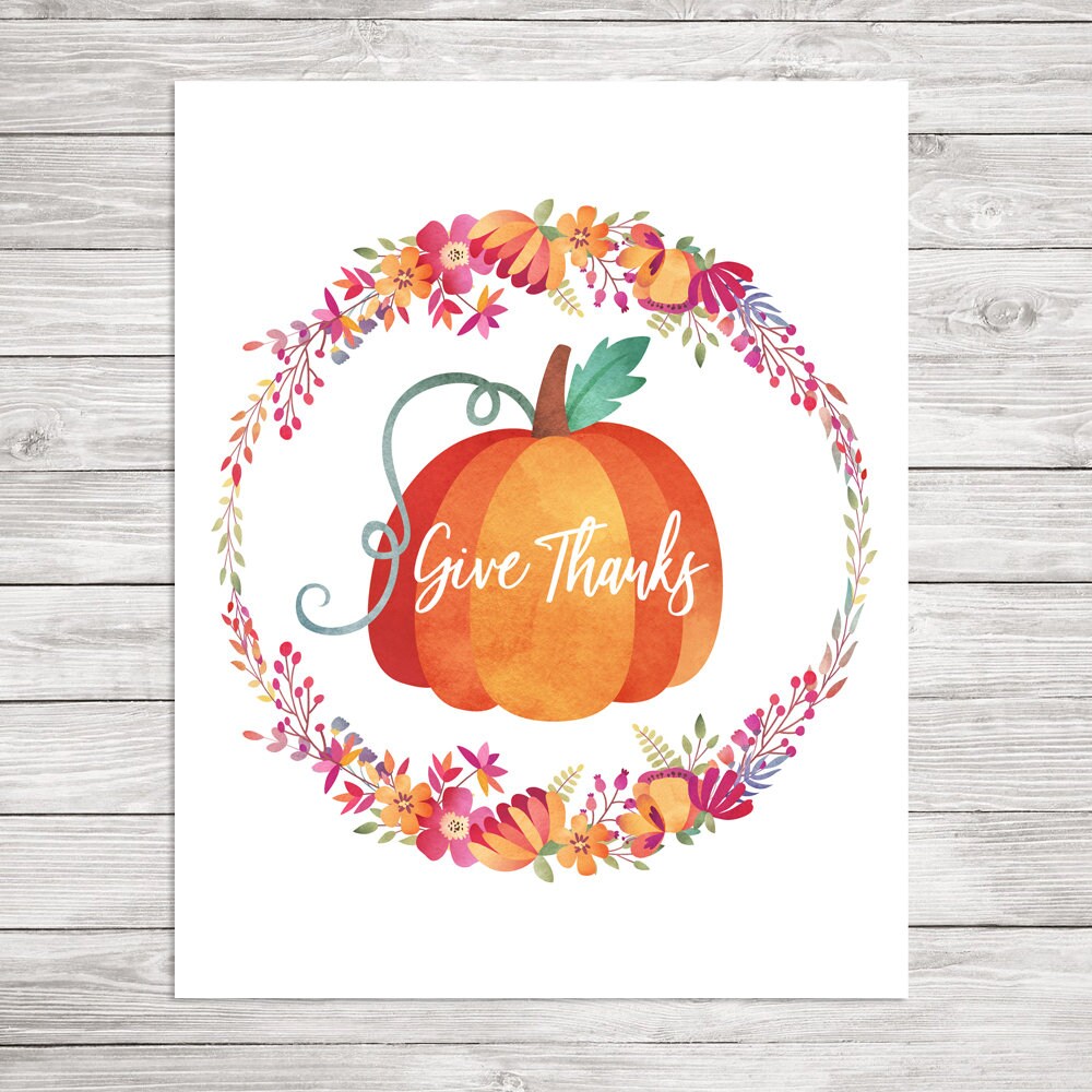 Give Thanks Digital Print, Fall Print, Autumn Wreath, Watercolor ...