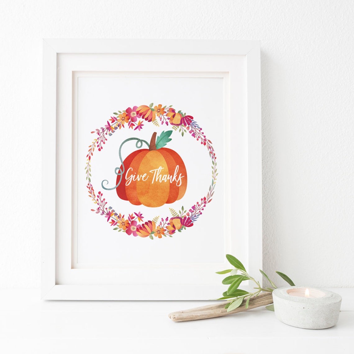 Give Thanks Digital Print, Fall Print, Autumn Wreath, Watercolor ...