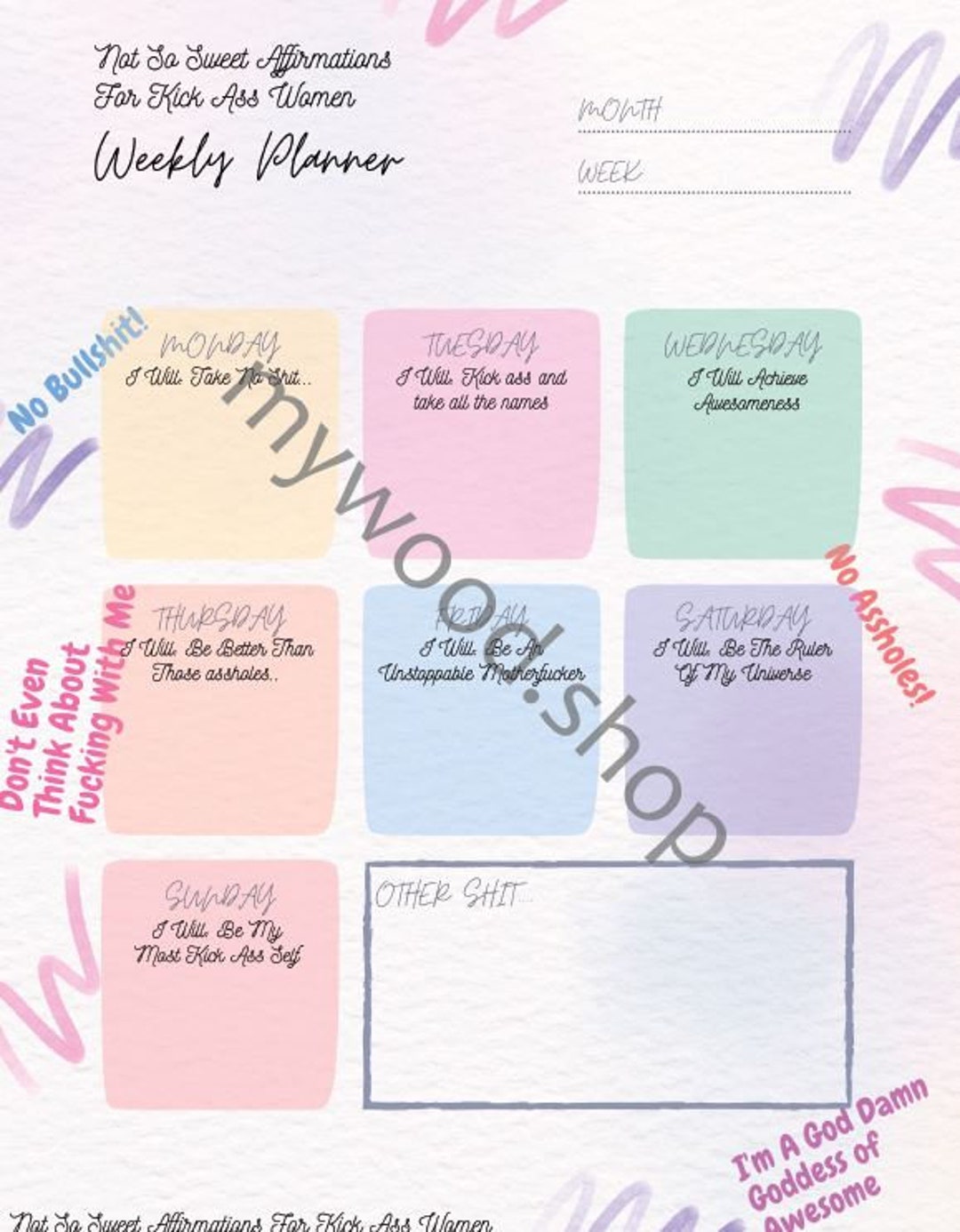 Printable Weekly Planner Sweary, Not so Sweet, Dirty, Naughty ...