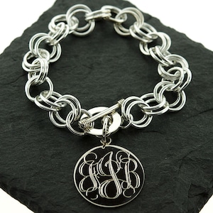 925 Sterling Silver Double Link Monogram Bracelet, Personalized Charm ...