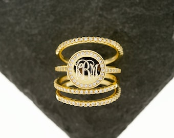 925 Silver CZ Stacking Monogram Ring Wedding Set Monogram | Etsy