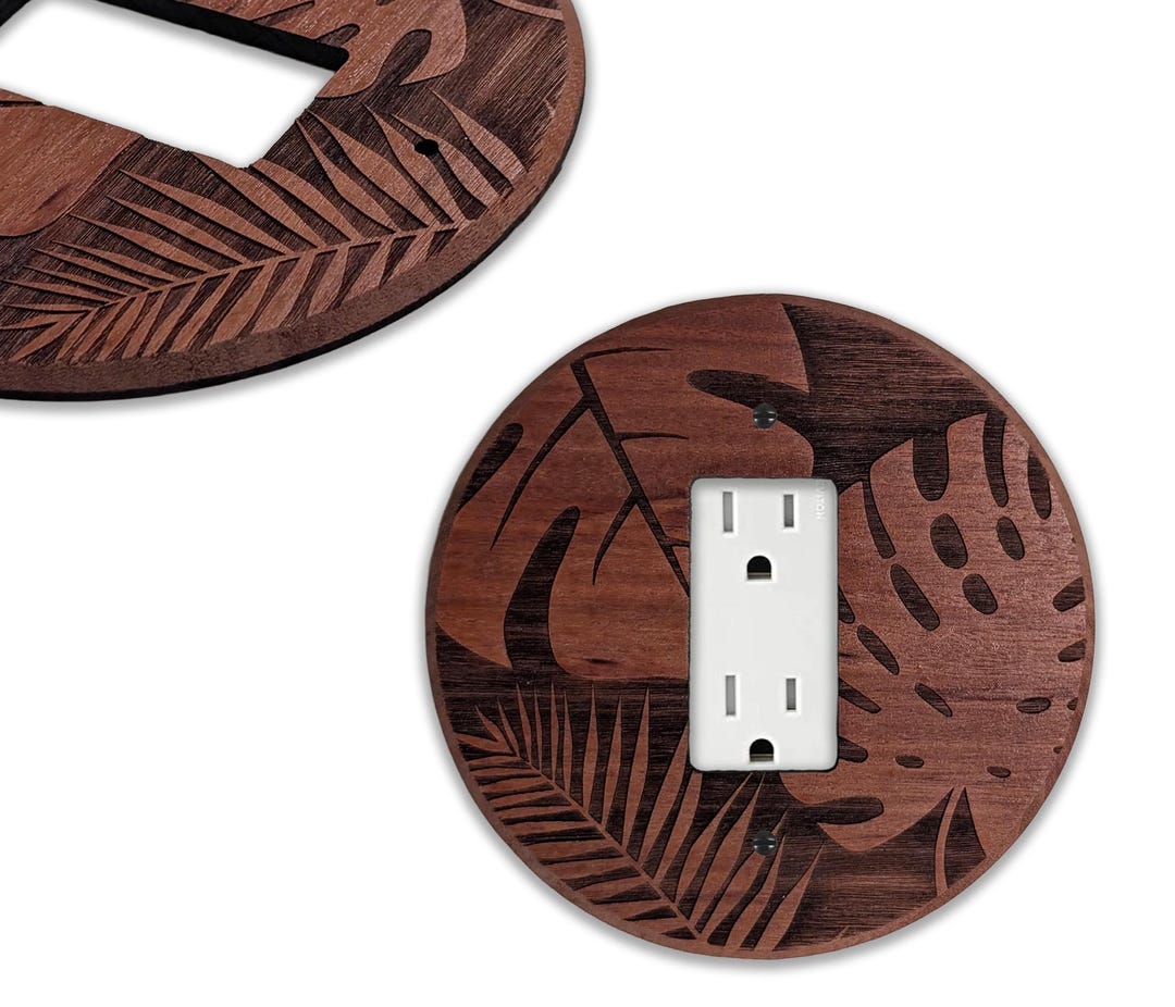 Round Mahogany Outlet Cover With Engraved Tropical Leaves - Etsy