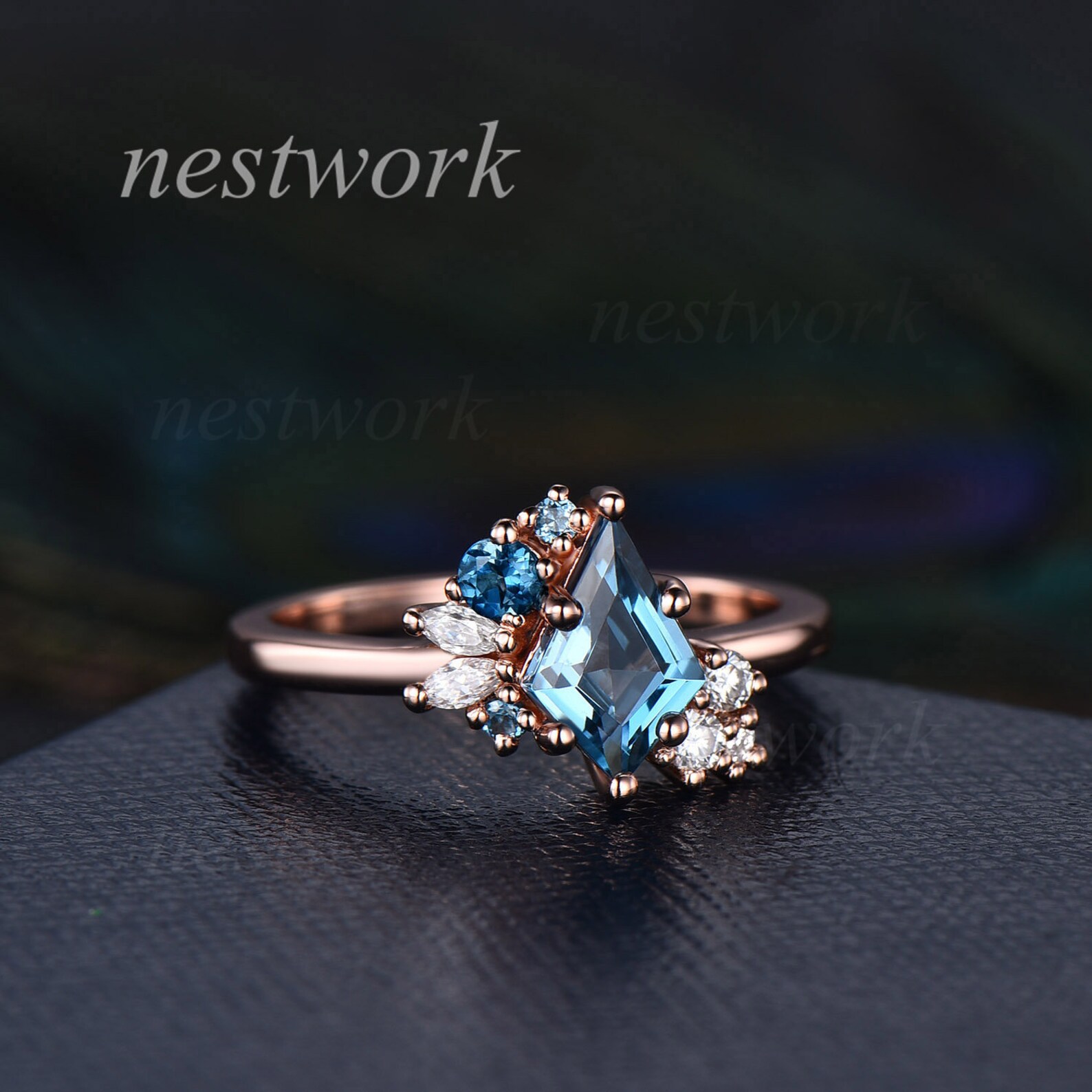 Vintage Kite Cut London Blue Topaz Engagement Ring Rose Gold - Etsy