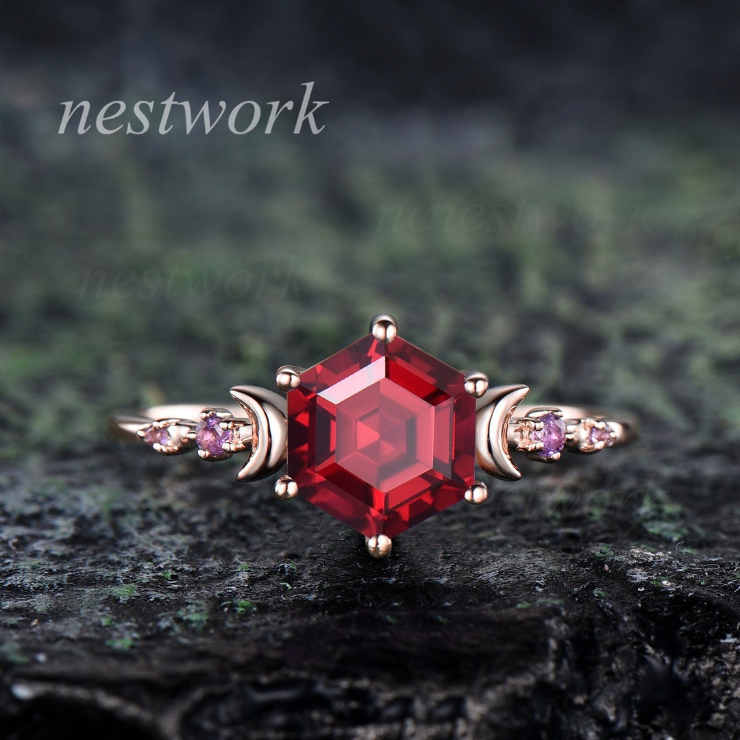 Hexagon Cut Red Ruby Ring Vintage Five Stone Amethyst Ring Rose Gold ...