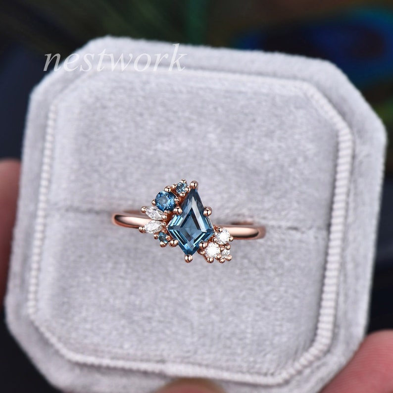 Vintage Kite Cut London Blue Topaz Engagement Ring Rose Gold - Etsy