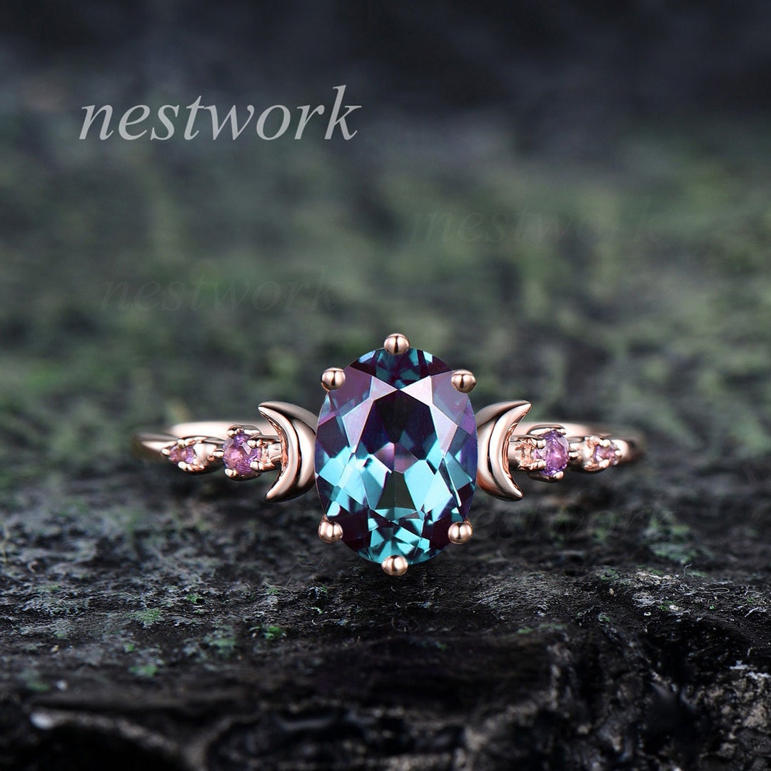 Oval Cut Alexandrite Ring Vintage Five Stone Amethyst Ring Rose Gold ...