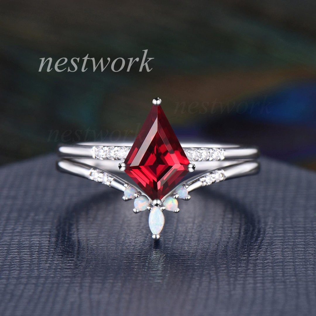 Vintage Kite Cut Ruby Engagement Ring Set Art Deco Moissanite Opal ...