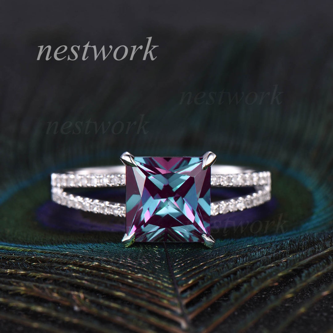 3 Carat Large Alexandrite Engagement Ring 14k Solid Gold Half Eternity ...