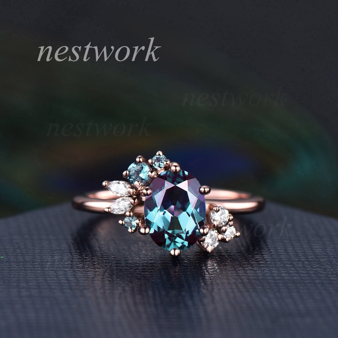Oval Cut Alexandrite Ring Rose Gold Silver Cluster Alexandrite ...