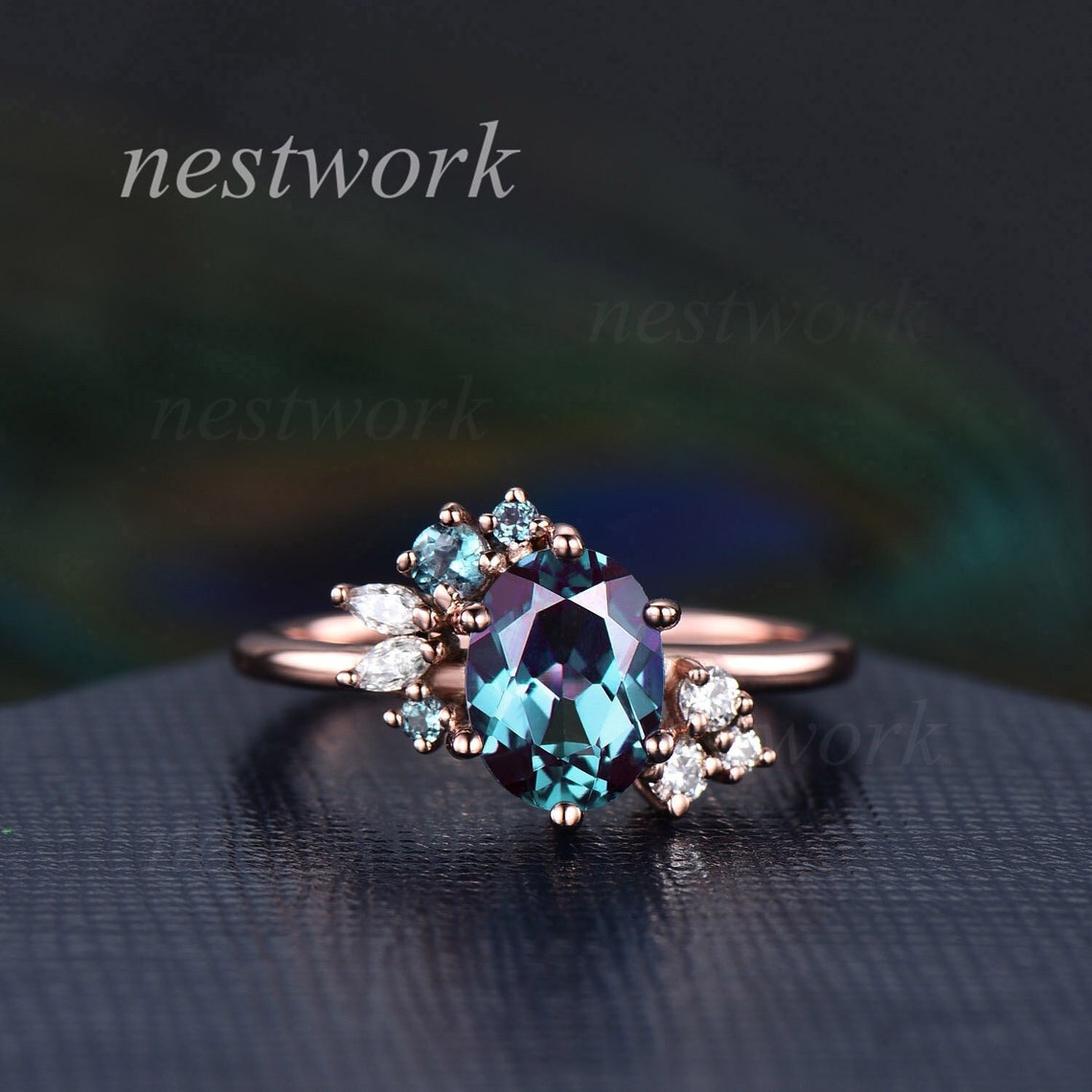 Oval Cut Alexandrite Ring Rose Gold Silver Cluster Alexandrite - Etsy