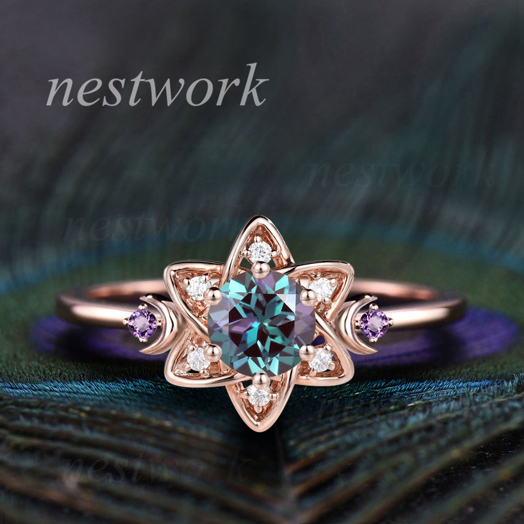 Round Alexandrite Ring Vintage Star Moon Diamond Amethyst Ring 14k Rose ...