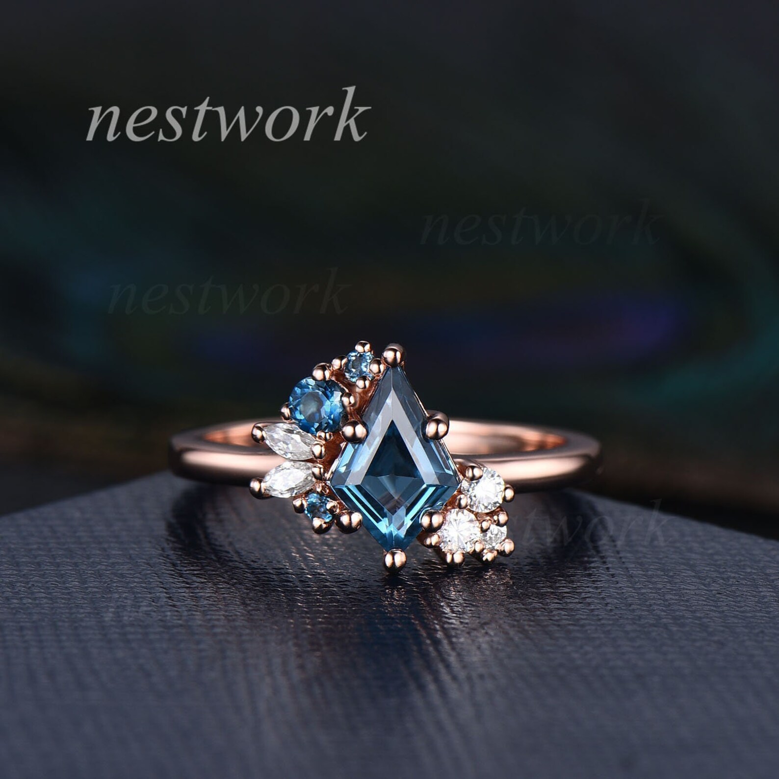 Vintage Kite Cut London Blue Topaz Engagement Ring Rose Gold - Etsy