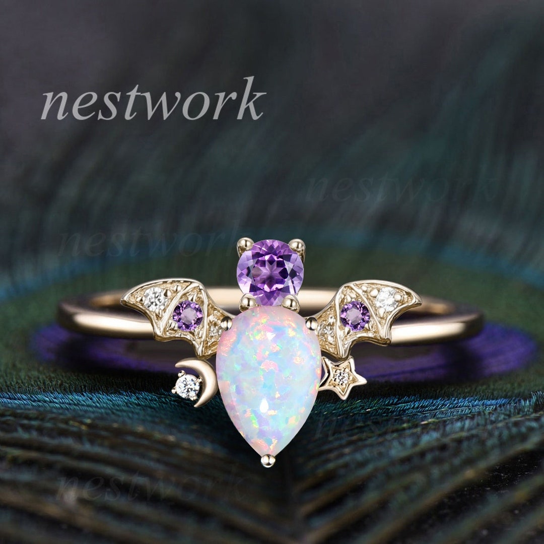 Pear White Opal Ring Vintage Amethyst Ring Yellow Gold Moon Star Bat Unique Engagement Ring ...