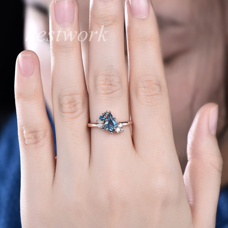 Vintage Kite Cut London Blue Topaz Engagement Ring Rose Gold | Etsy