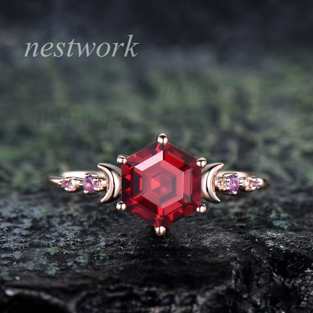 Hexagon Cut Red Ruby Ring Vintage Five Stone Amethyst Ring Rose Gold ...
