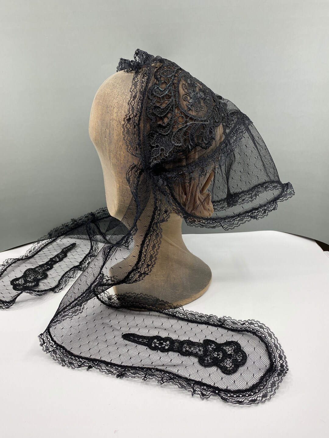 1860s Ladies Black Lace Fanchon Cap Headdress, Historic Reproduction ...