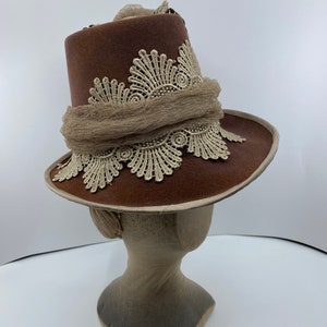 Ladies 1880's Style Tall Crown Hat, Women's 1885 Brown Felt Hat With ...