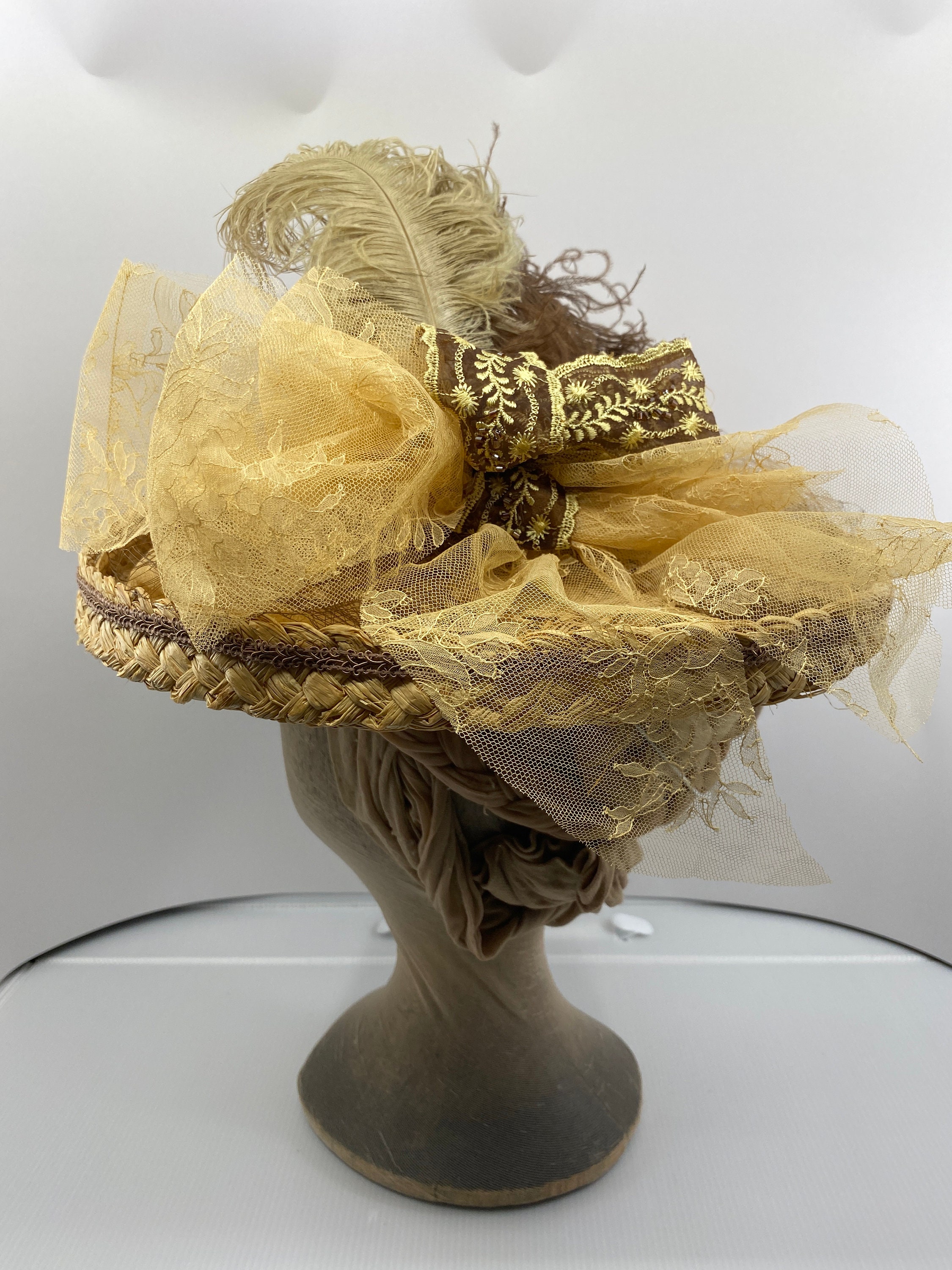 1890s Ladies Straw Hat, Late Victorian Woman's Straw Boater, Fancy ...