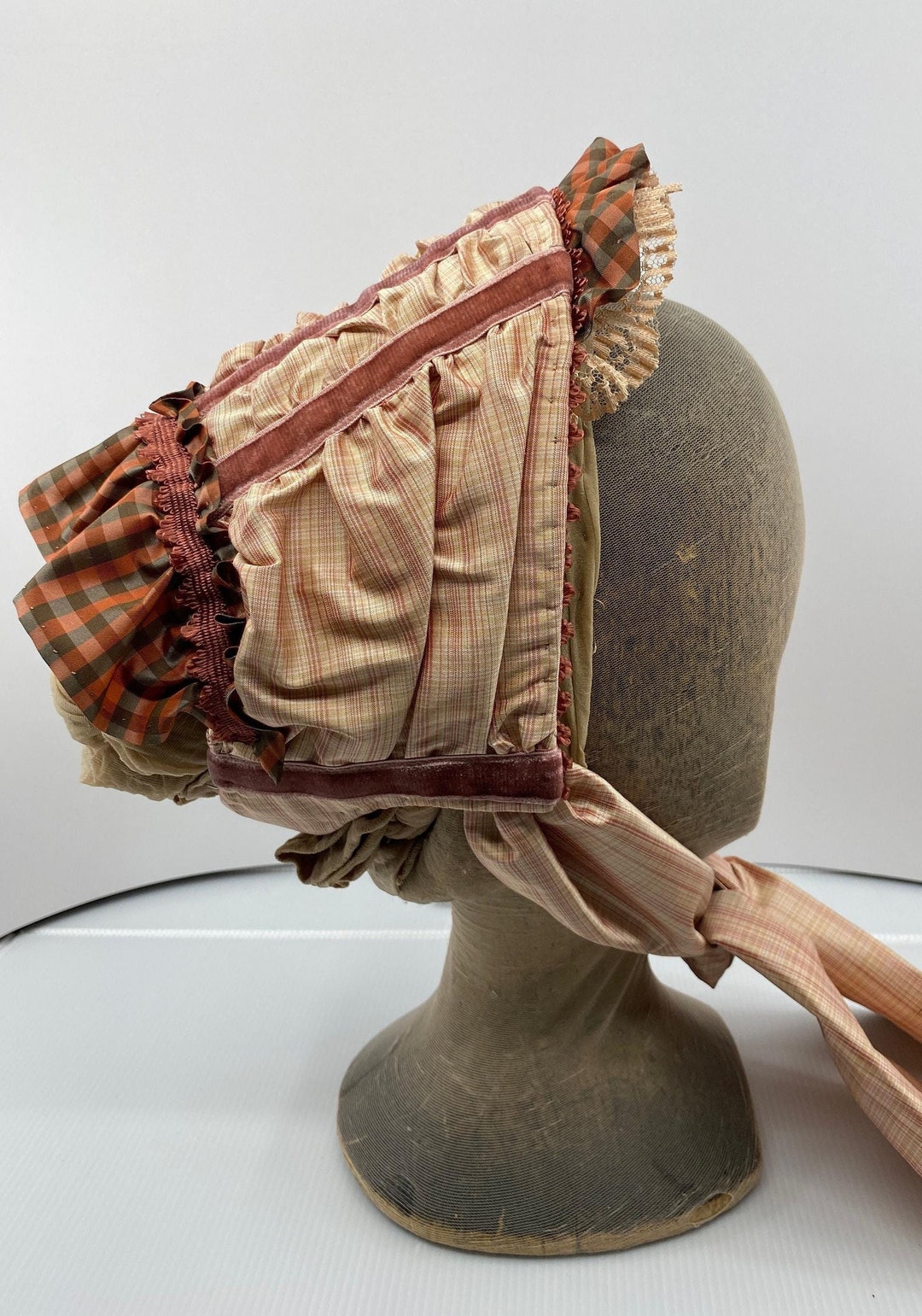 1867 Ladies Bonnet Pink With Velvet and Plaid, 1860s Womens Half Bonnet ...
