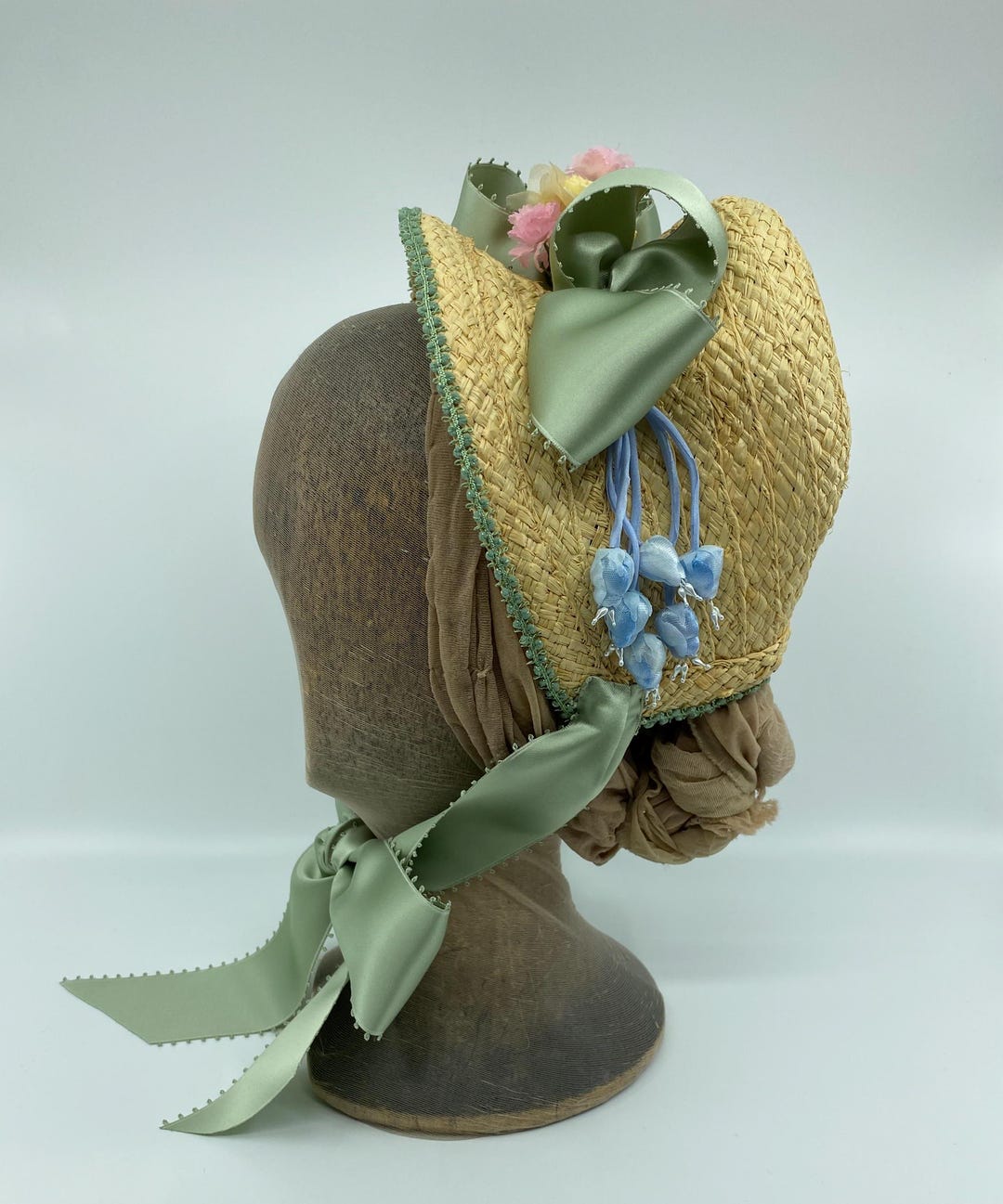 1880's Ladies Beige Straw Horseshoe Bonnet With Green Ribbon and ...