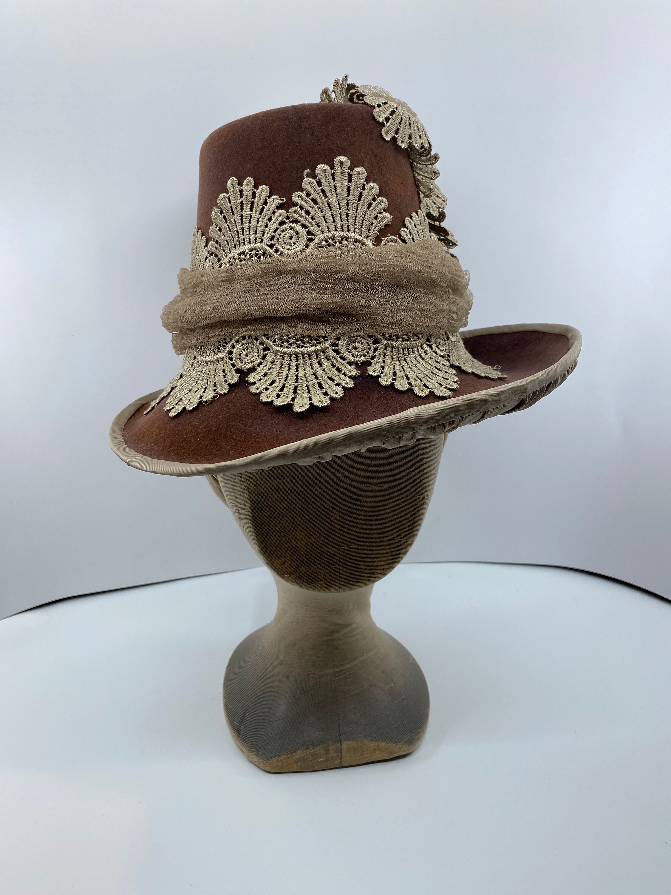 Ladies 1880's Style Tall Crown Hat, Women's 1885 Brown Felt Hat With ...