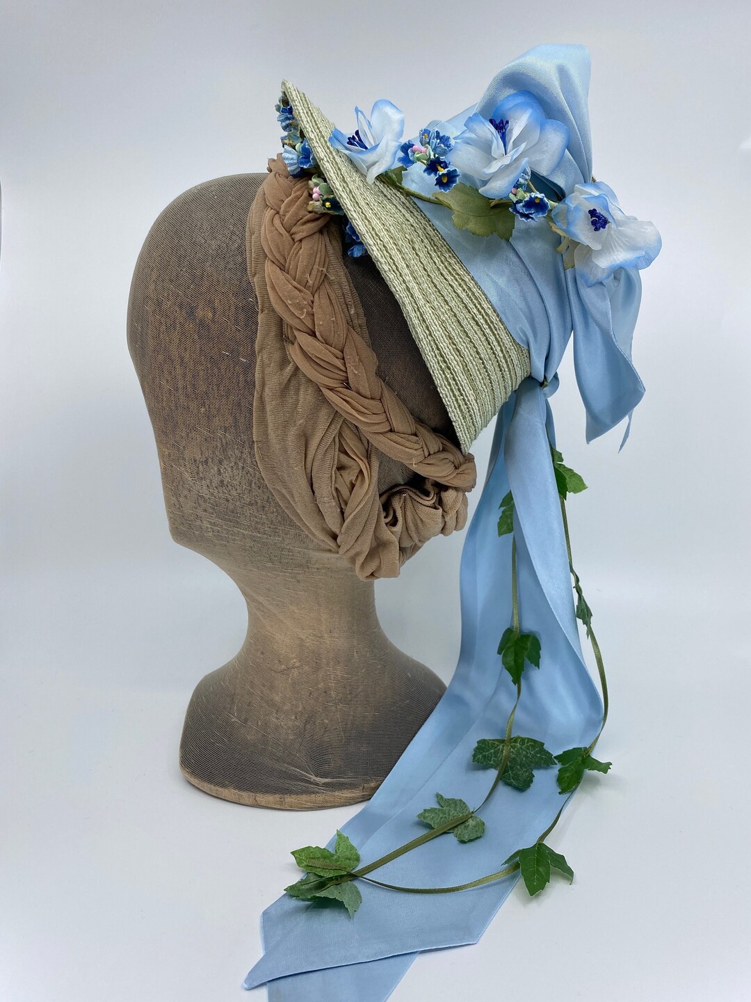 1875 Ladies Straw Hat, Woman's Bonnet 1870's Green Straw With Blue ...