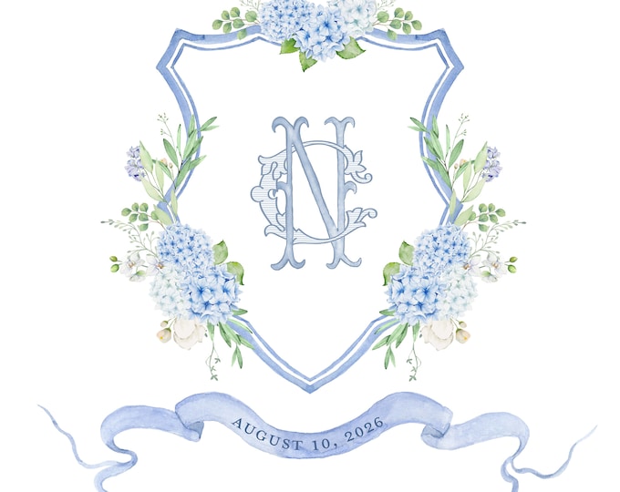 Semi-custom Blue Hydrangeas Watercolor Crest Wedding Crest Monogram ...