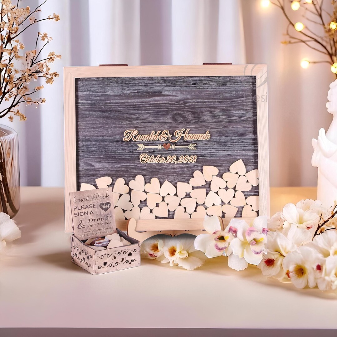Wedding Guest Book Alternative Drop Box With Wooden Hearts, Elegant ...