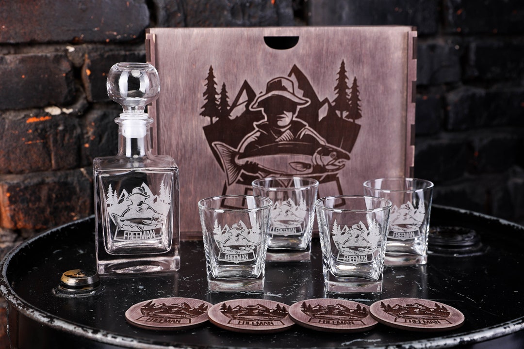 Engraved Fisherman Whiskey Decanter Set, Wooden Gift Box, Fishing Lover ...