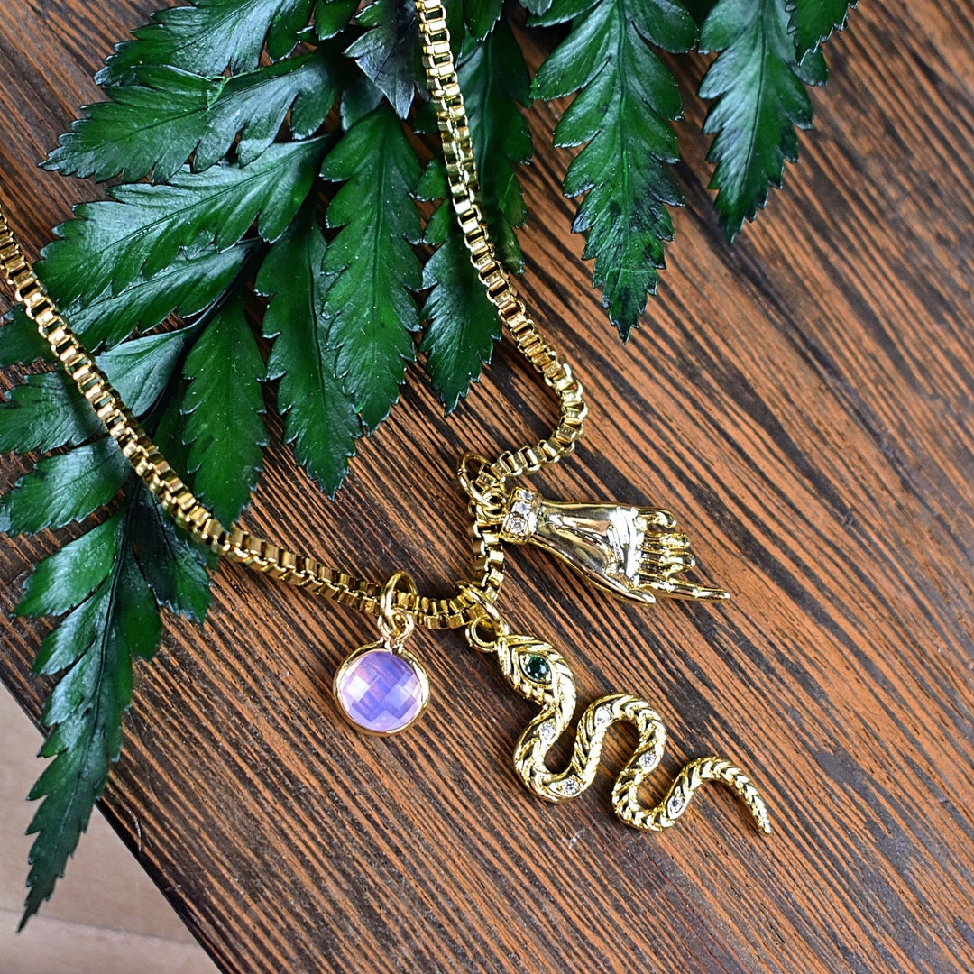Crystal Snake Charm Necklace: Gold Hand Pendant, Cube Chain - Etsy