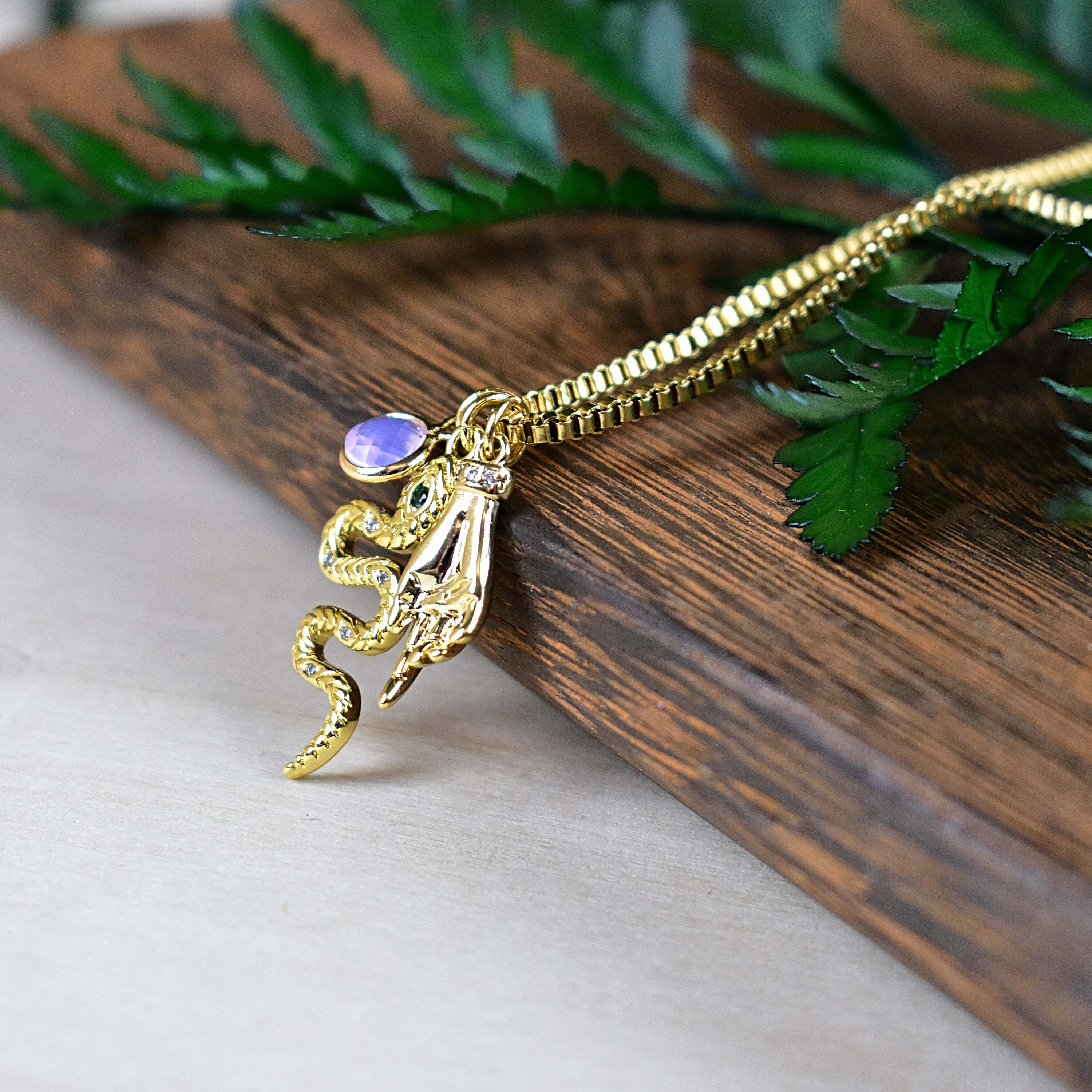 Crystal Snake Charm Necklace: Gold Hand Pendant, Cube Chain - Etsy