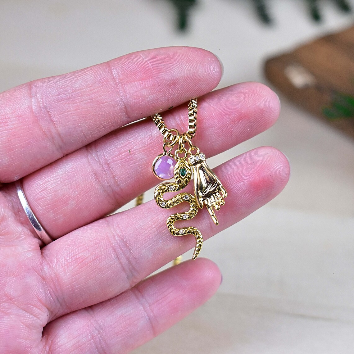 Crystal Snake Charm Necklace: Gold Hand Pendant, Cube Chain - Etsy