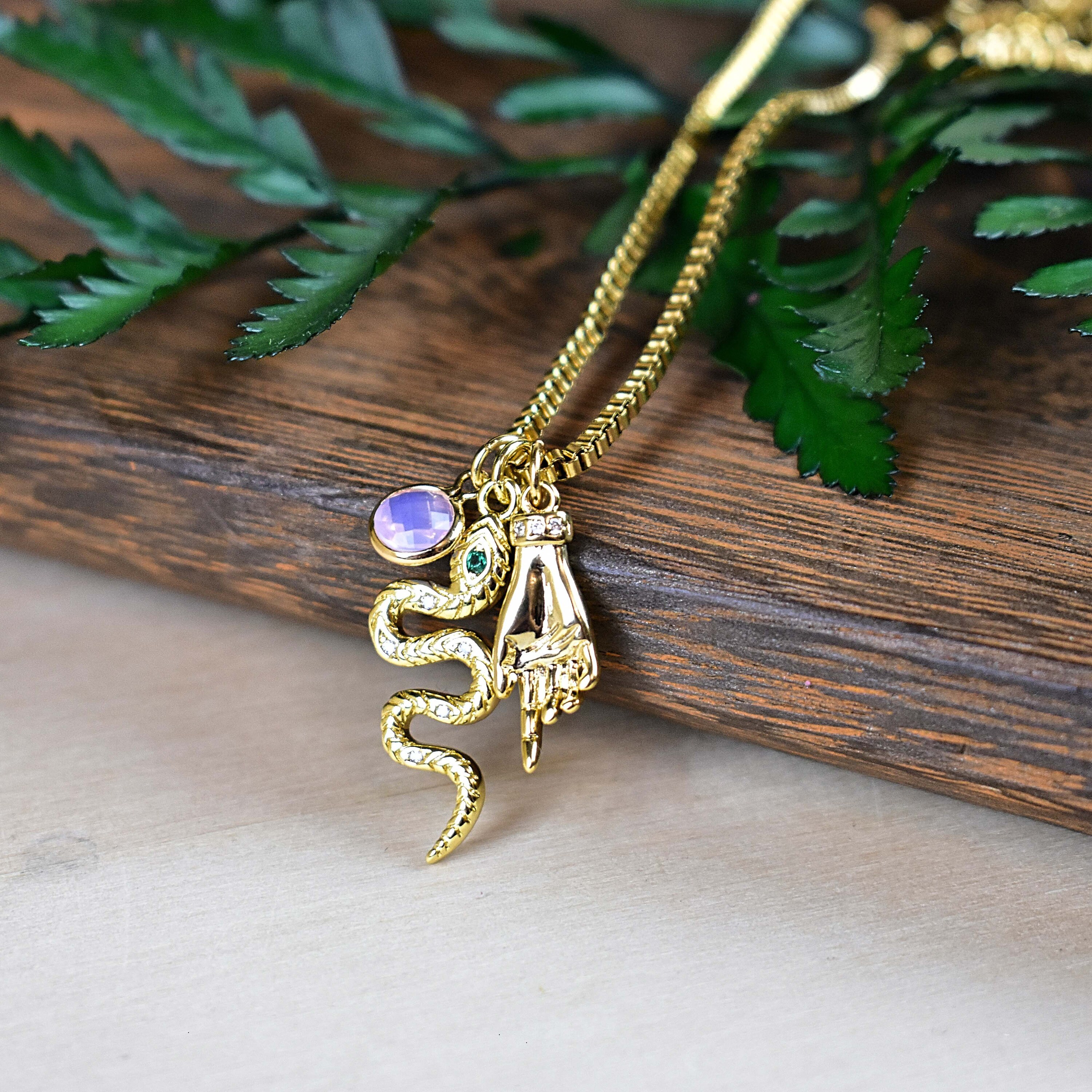 Crystal Snake Charm Necklace: Gold Hand Pendant, Cube Chain - Etsy
