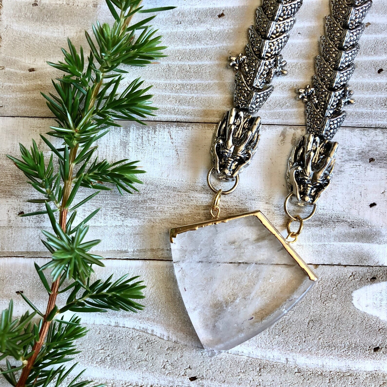 Ketos/// Silver Gold Clear Quartz Dragon Shield Statement | Etsy