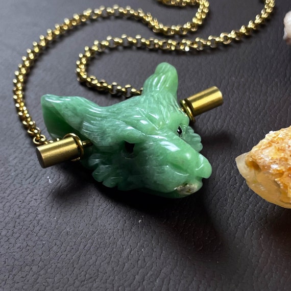 Lycaon Green Aventurine Wolf Necklace Gold Statement Necklace Gemstone Animal Necklace EPJ D19WCA10 GA