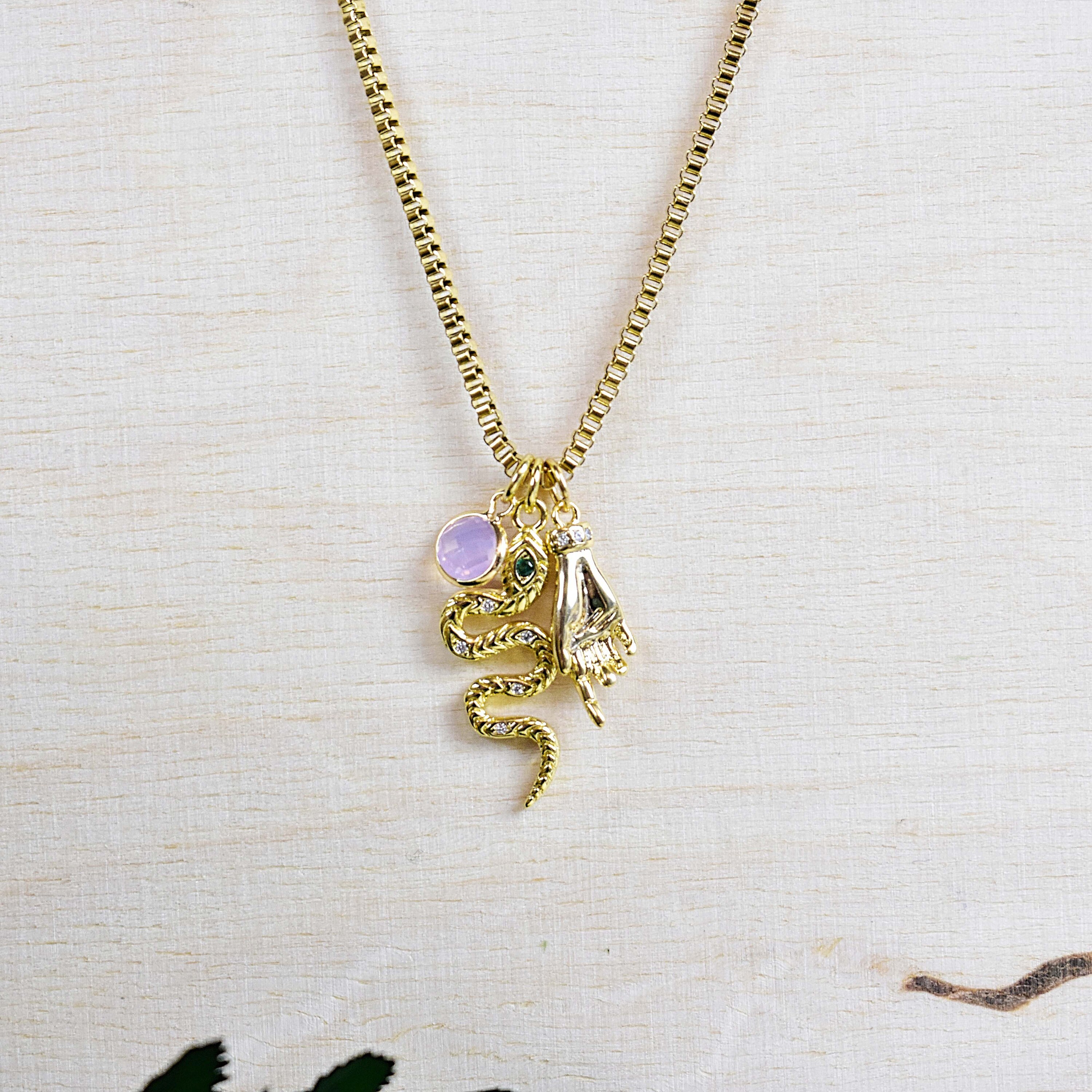 Crystal Snake Charm Necklace: Gold Hand Pendant, Cube Chain - Etsy
