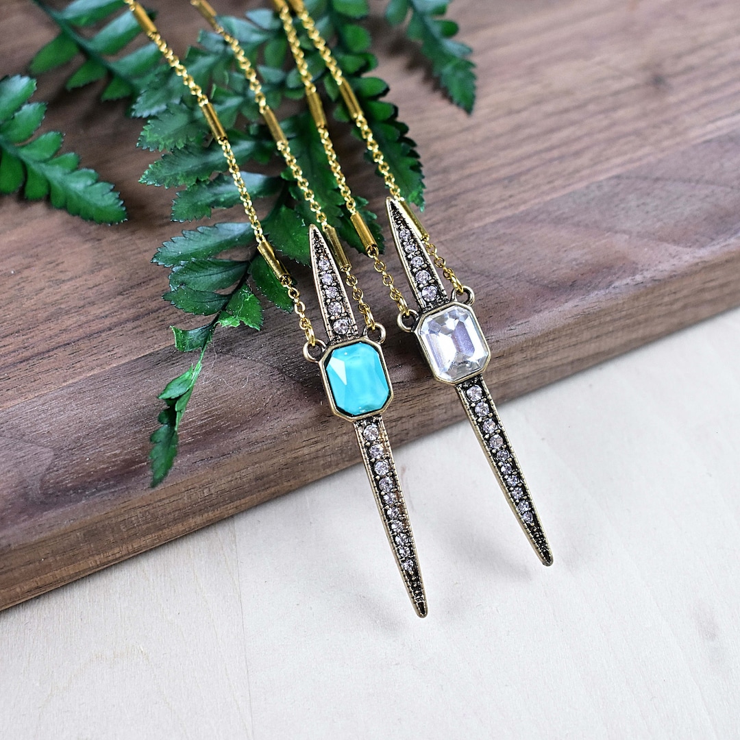 Crystal Spike Charm Necklace: Gold Plated Brass Pendant, Teal or Clear ...