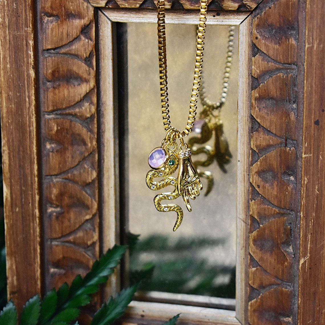 Crystal Snake Charm Necklace: Gold Hand Pendant, Cube Chain - Etsy