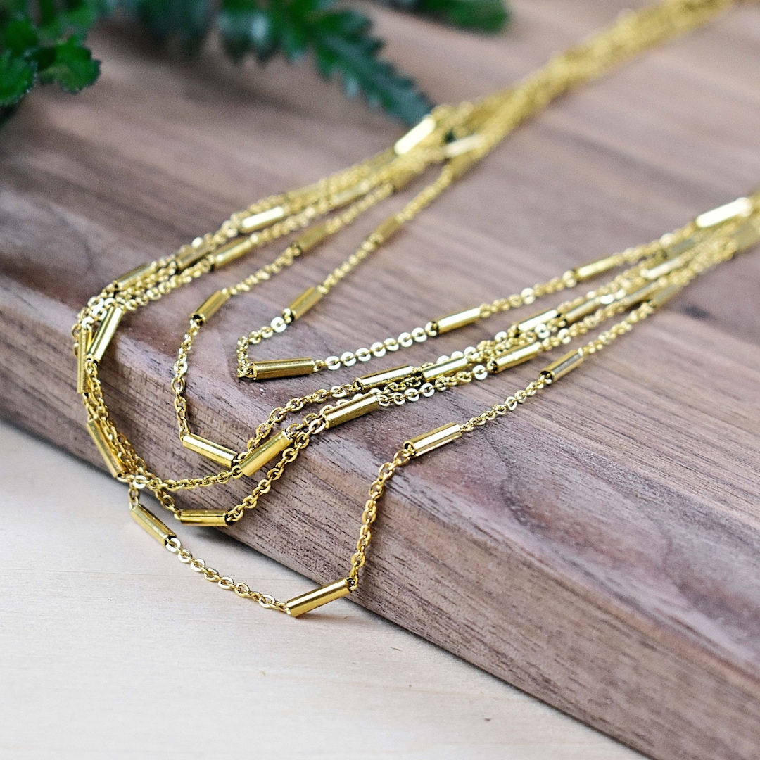 Helen/// Five Strand Stainless Steel Bar Chain Choker Necklace, Gold ...